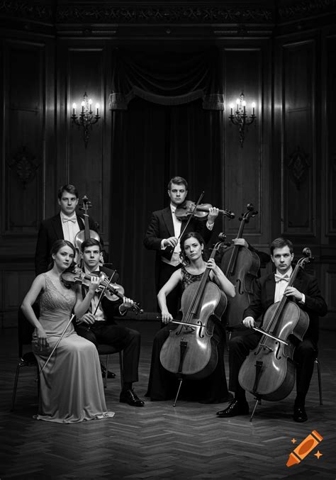 A Black And White Photo Of A String Sextet In Formal Attire Posing