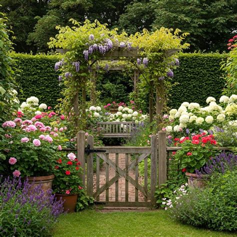 Secret English Cottage Garden With Lush Greenery And Flowers Country