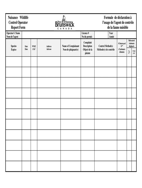 Fillable Online Pxw1 Snb Nuisance Wildlife Control Operator Report Form