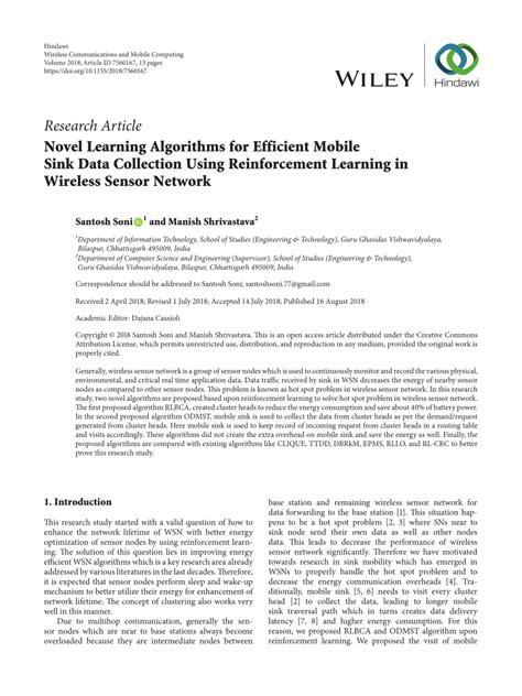 Pdf Novel Learning Algorithms For Efficient Mobile Sink Data Collection Using Reinforcement