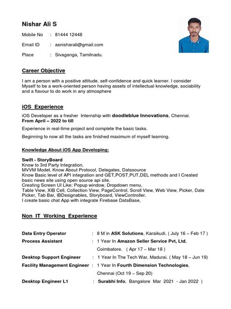 Nishar Ali S Resume Seeking Ios Developer Role With 1 Year Of Ios