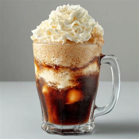 Root Beer Float With Whipped Cream In A Clear Glass Mug Stock