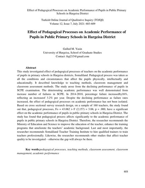 Pdf Effect Of Pedagogical Processes On Academic Performance Of Pupils
