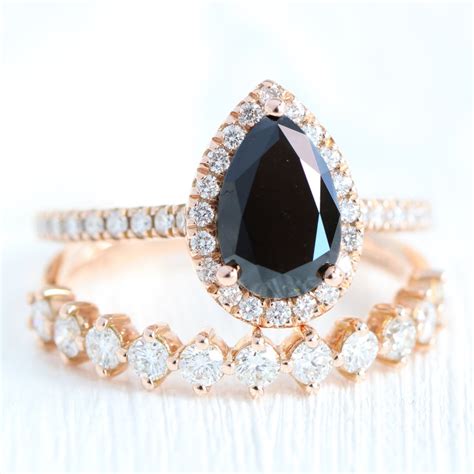 Natural Black Diamond Engagement Ring Rose Gold Halo Diamond Pear Ring
