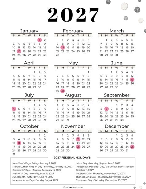 List Of Federal Holidays 2027 In The Us Saturdayt