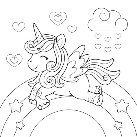 Lindo Unicornio Arco Iris Para Colorear Página Ilustración Vector Premium
