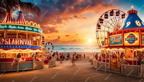 Vibrant Beach Scene With A Bustling Boardwalk And Carnival Rides