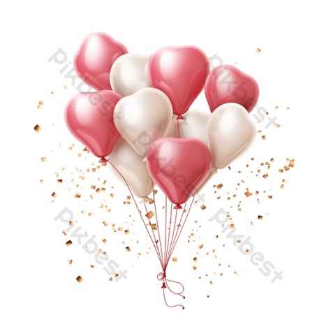 Red And White Balloons Floating Together With Golden Confetti Sparkling
