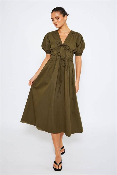 South Beach Tie Front Short Sleeve Midi Dress Khaki • Price