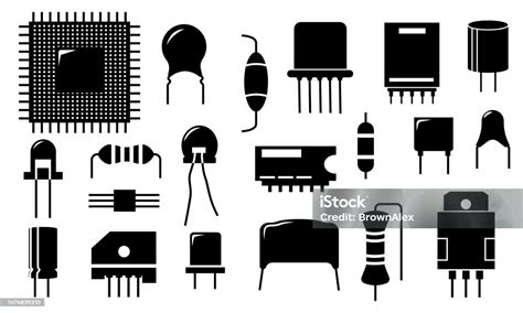 검은색 전자 부품 아이콘입니다 전기 회로 도체 및 반도체 부품 다이오드 트랜지스터 저항 커패시터 소자 벡터 세트 0명에 대한 스톡 벡터 아트 및 기타 이미지 Istock