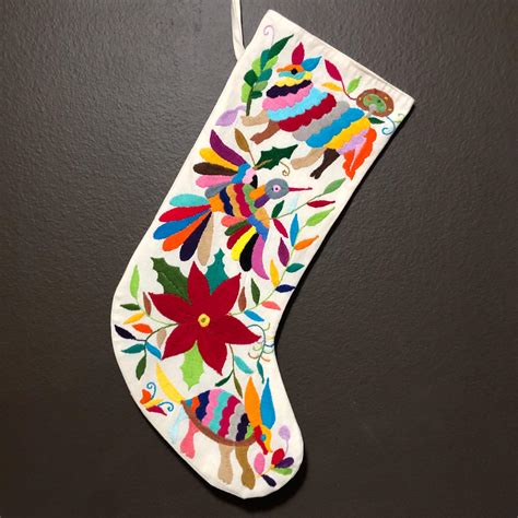 Hand Embroidered Otomi Christmas Stocking Multicolor Embroidery