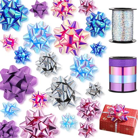 36 Pcs T Bows Assortment With 2 Crimped Ribbons Multi