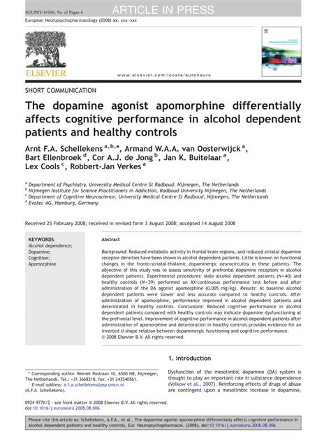 Pdf The Dopamine Agonist Apomorphine Differentially Affects Cognitive Performance In Alcohol