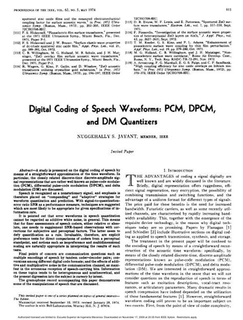 Digital Coding Of Speech Waveforms Pcm Dpcm And Dm