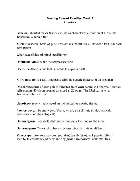 Nursing Care Of Families Genetics Nursing Care Of Families Week 2