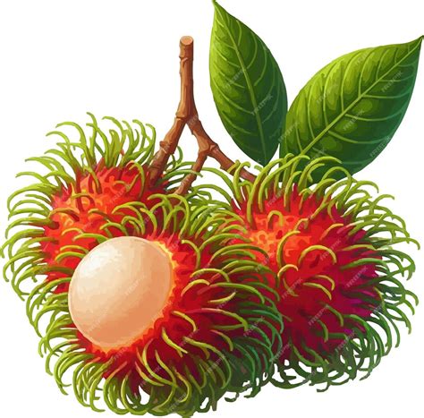 Vector Illustration Of Fresh Rambutan Fruit With Green Leaves Premium