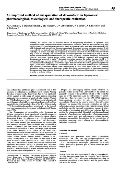 Pdf An Improved Method Of Encapsulation Of Doxorubicin In Liposomes