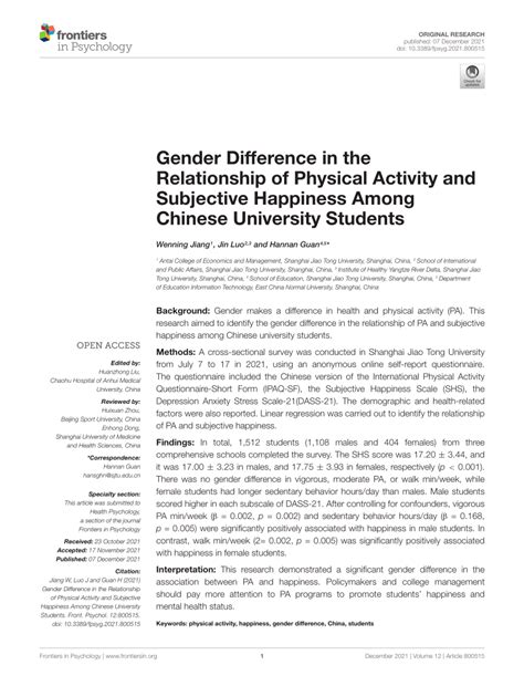 Pdf Gender Difference In The Relationship Of Physical Activity And Subjective Happiness Among