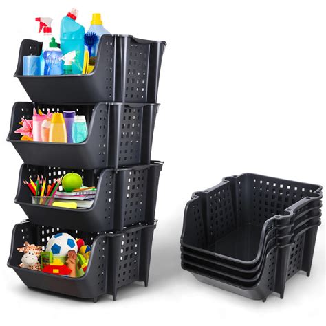 Skywin Plastic Stackable Storage Bins For Pantry Dark Grey 8 Pack