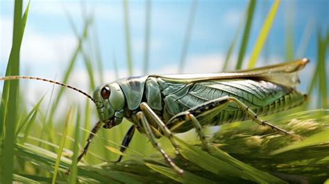 Premium Ai Image Realistic Grasshopper On Tall Grass Photorealistic Scifi Artwork