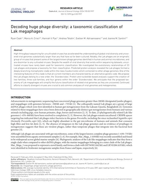 Pdf Decoding Huge Phage Diversity A Taxonomic Classification Of Lak Megaphages