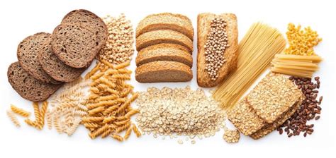Whole Grain Breads Cereals And Pasta Are Arranged With Scattered Grains