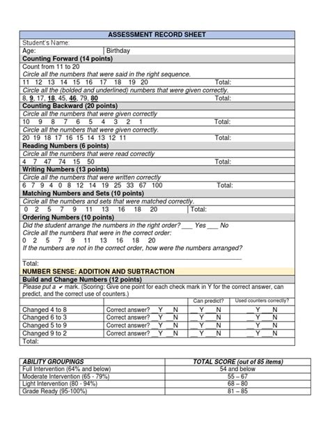 Numeracy 1 Printable Assessment Record Sheet Number Cards Dot Cards
