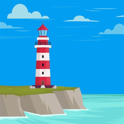 Lighthouse On Seashore Marine Navigation Vector Illustration Premium