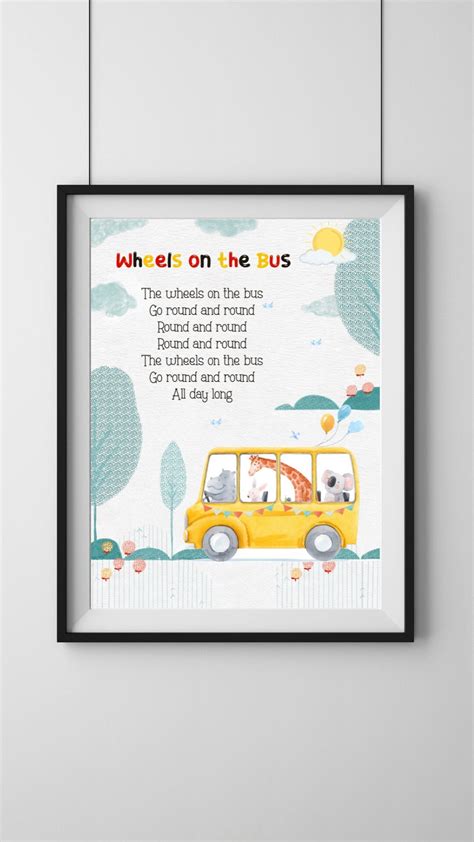 The Wheels On The Bus Nursery Rhyme Printable Art Whimsical Art For