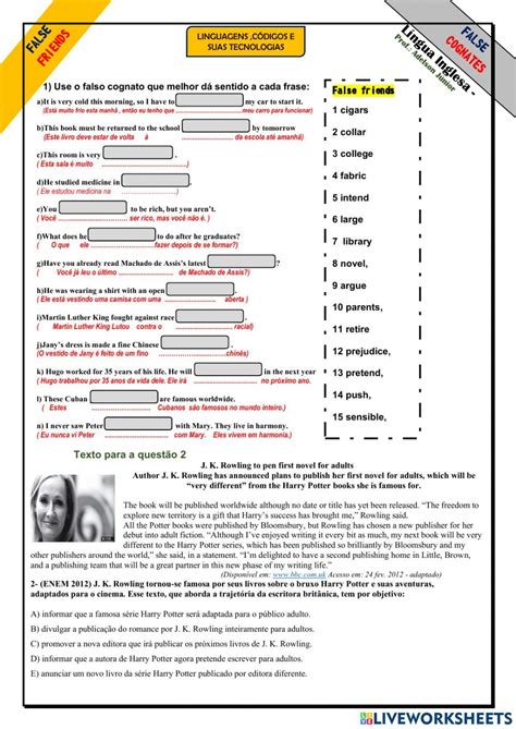 False Cognates Exercise Cognates English Activities School Subjects