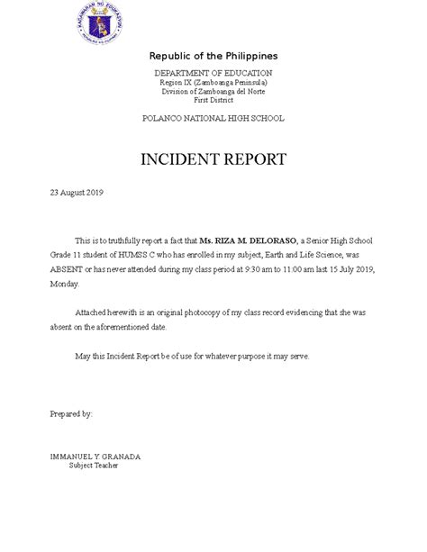 Incident Report Republic Of The Philippines Department Of Education