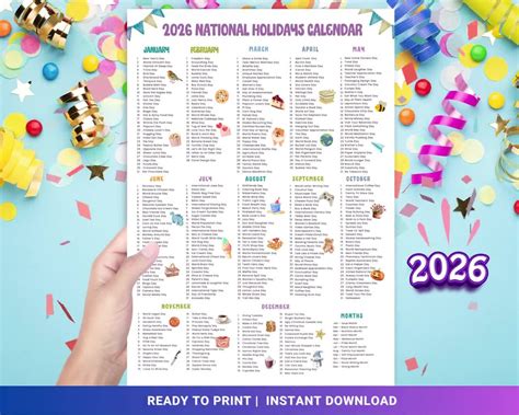 National Days 2026 Calendar Printable Free Zilla Printables