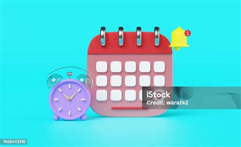 만화 캐릭터 보라색 알람 시계 기상 시간 아침 빨간 달력 파란색 배경에 격리된 노란색 알림 벨concept 3d 그림 또는 3d 렌더링 3차원 형태에 대한 스톡 사진 및