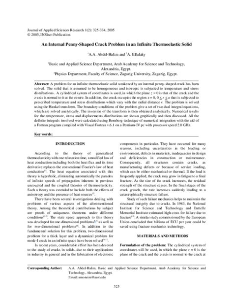 Pdf An Internal Penny Shaped Crack Problem In An Infinite Thermoelastic Solid Ahmed Elfalaky