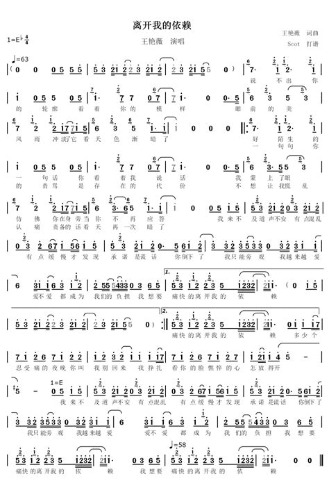 《离开我的依赖》简谱 乐谱 王艳薇 鲁皮皮