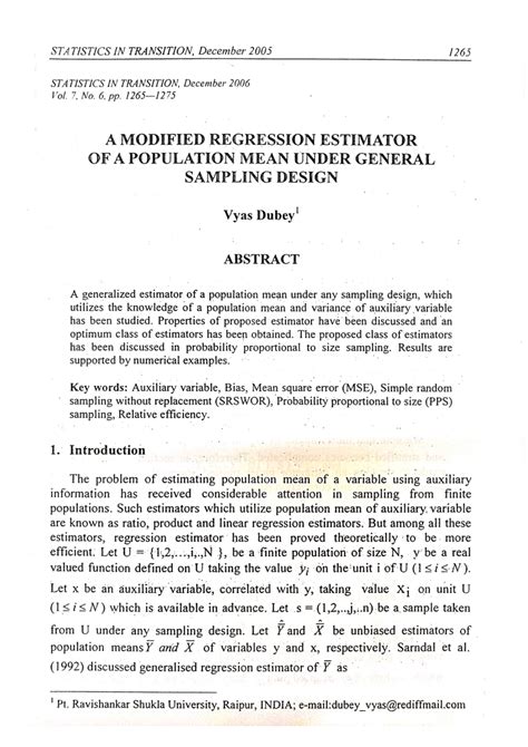 Pdf A Modified Regression Estimator Of A Population Mean Under