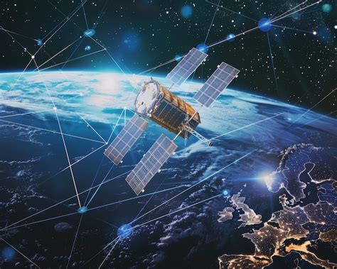 Satellite Watercolor Solar Panels Data Connections Global Connectivity With Earth Backdrop