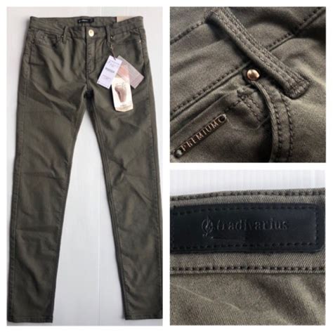 Stradivarius Premium Lo69 กางเกงสกินนี่ สีเขียว ป้ายหนัง เอวต่ำ ผ้า