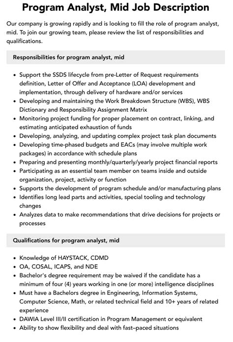 Program Analyst Mid Job Description Velvet Jobs