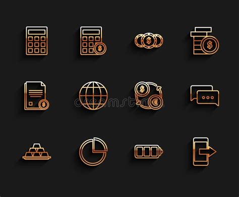Set Line Gold Bars Pie Chart Infographic Calculator Battery Charge