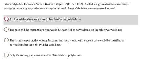 euler s polyhedron formula is faces vertices edges 2 f v e 2