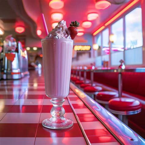 A Delicious Strawberry Milkshake Sits On A Retro Diner Counter With Red