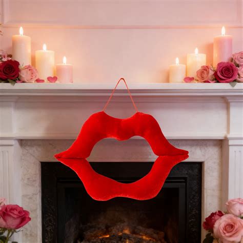 Red Lips Valentines Hanging Fabric Ornament Heart Vine Party Scene