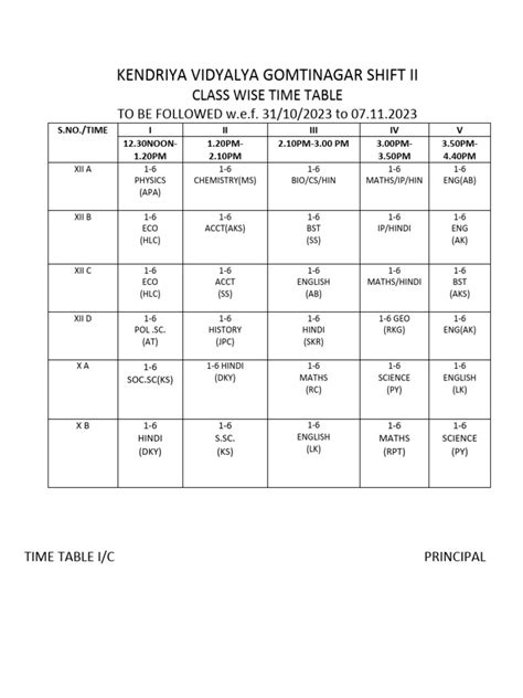 Class Wise Time Table Wef 31102023 Pdf
