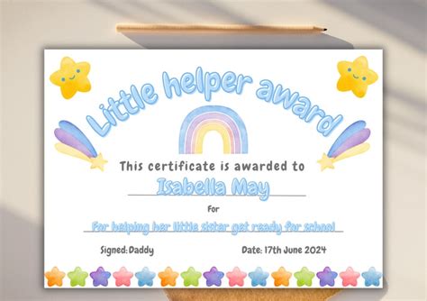 Little Helper Award Personalised Certificate Template Certificate Of