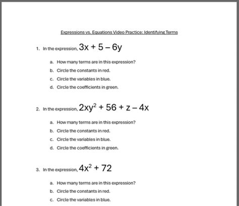 Identifying Terms In An Expression Worksheet By Mansker Math Moments