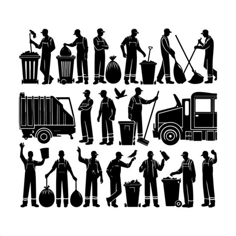 Silhouette Of Garbage Men Set Collection With Waste Sorting Symbols Silhouette Of Garbage Men Set Collection With Waste Sorting Symbols
