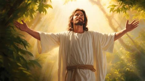 Premium Ai Image Serene Savior Jesus Gentle Smile Amidst Verdant Beauty