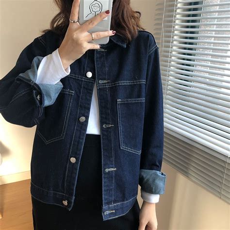 Simple Dark Blue Denim Jacket For Women Spring Autumn Solid Color