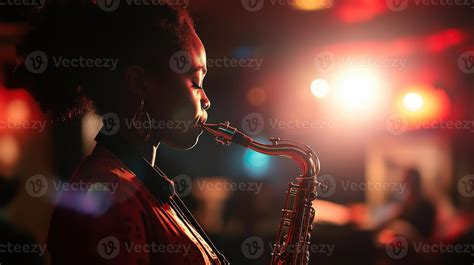 Female Saxophonist Performing Jazz Music On Stage Concept Of Music Performance Jazz